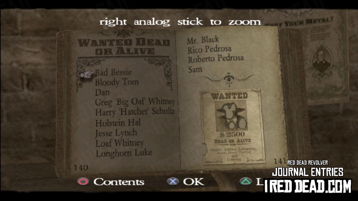 Red Dead Revolver Journal Entry 71 - Wanted Dead Or Alive Index